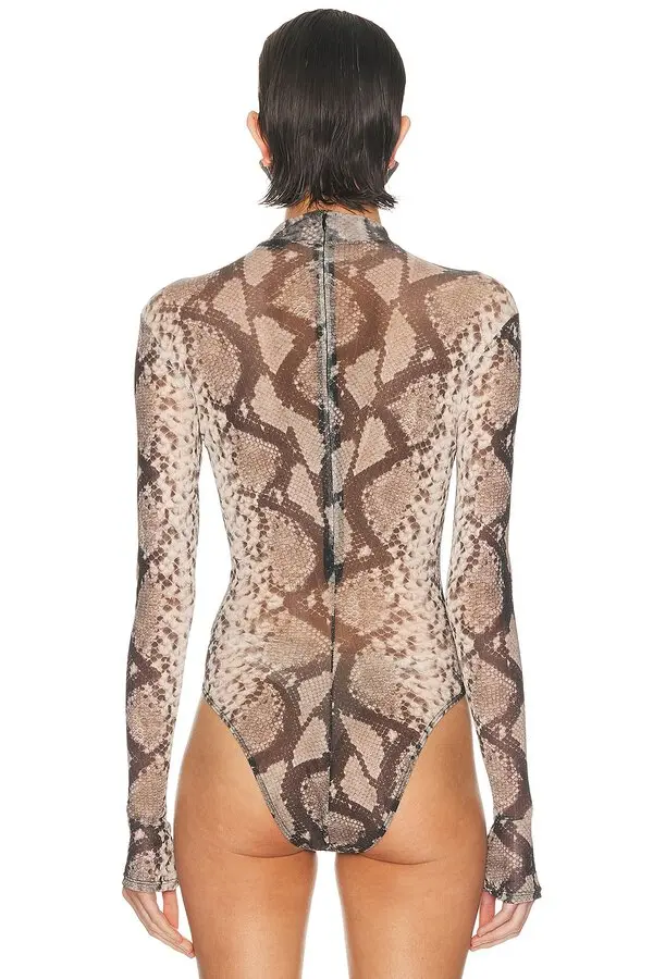 Lapointe Printed Mesh Mock Neck Bodysuit In Grey