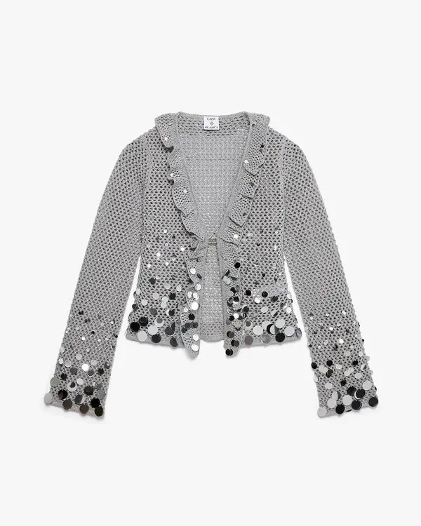Casablanca Silver Crochet Mirror Long Sleeve Top