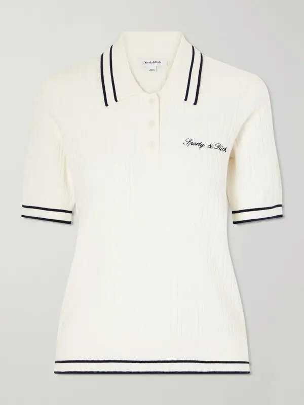 SPORTY & RICH Embroidered Cable-knit Polo Shirt - Neutrals