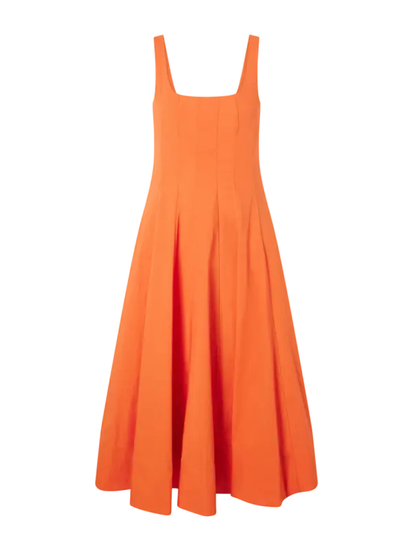 Staud Wells Pleated Cotton-blend Poplin Midi Dress - Orange