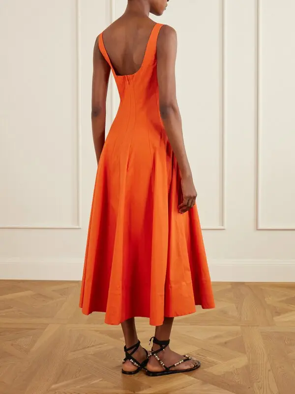 Staud Wells Pleated Cotton-blend Poplin Midi Dress - Orange