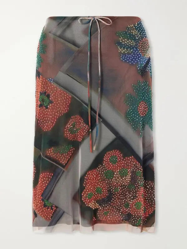 Staud Lucia Bead-embellished Printed Tulle Midi Skirt