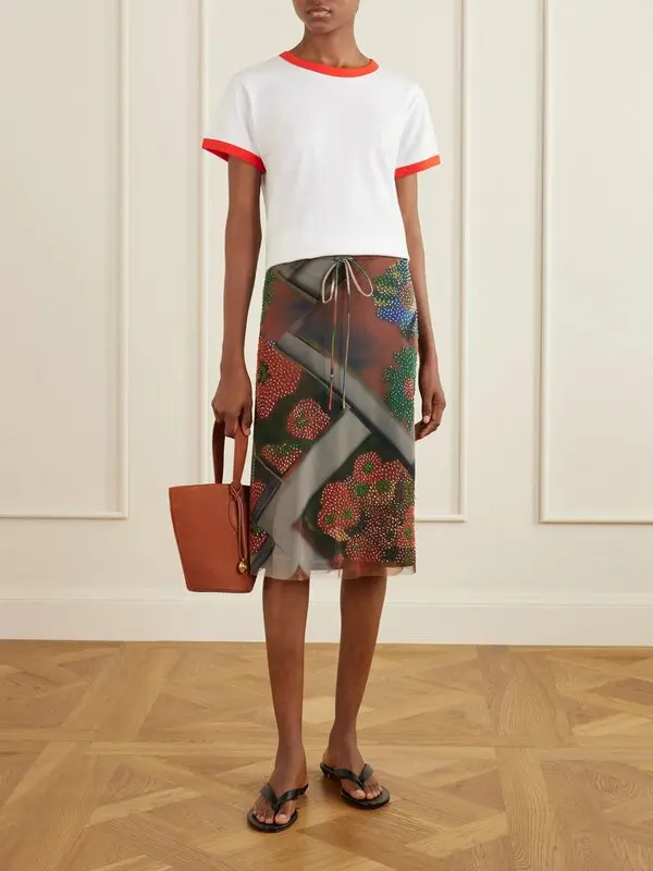 Staud Lucia Bead-embellished Printed Tulle Midi Skirt