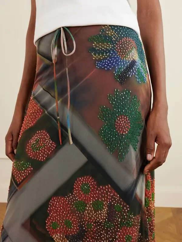 Staud Lucia Bead-embellished Printed Tulle Midi Skirt