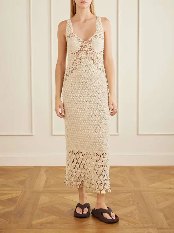 Rabanne Embellished Crocheted Cotton Midi Dress - Ecru