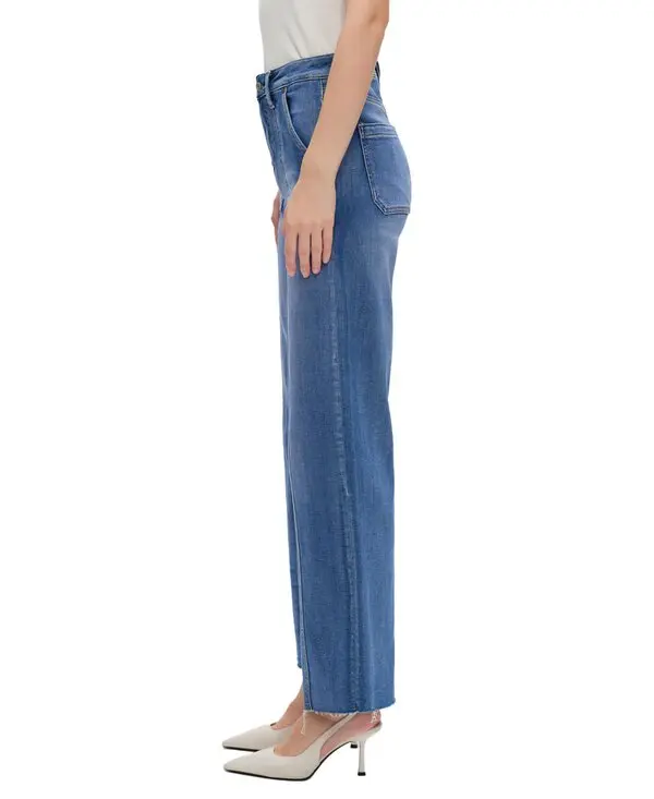 BAYEAS High Rise Straight Leg Jeans With Raw Edge Hem And Stretch Fabric