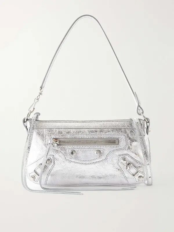 Balenciaga Le City Pouch On A Strap Embellished Crinkled-leather Shoulder Bag - Silver