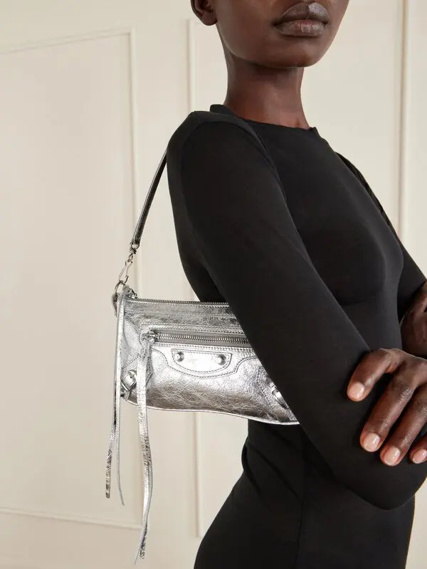 Balenciaga Le City Pouch On A Strap Embellished Crinkled-leather Shoulder Bag - Silver