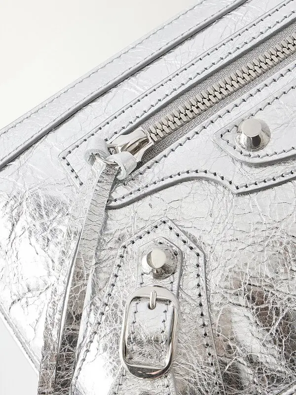 Balenciaga Le City Pouch On A Strap Embellished Crinkled-leather Shoulder Bag - Silver