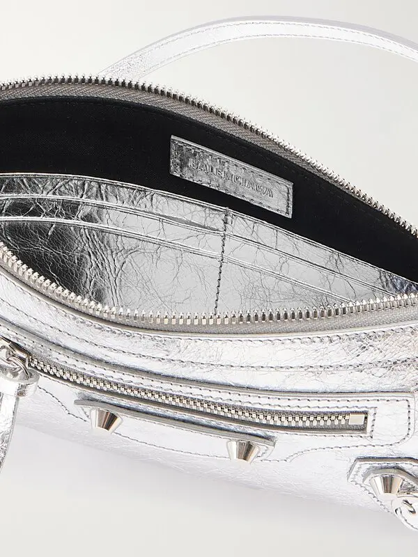 Balenciaga Le City Pouch On A Strap Embellished Crinkled-leather Shoulder Bag - Silver