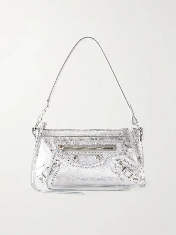 Balenciaga Le City Pouch On A Strap Embellished Crinkled-leather Shoulder Bag - Silver