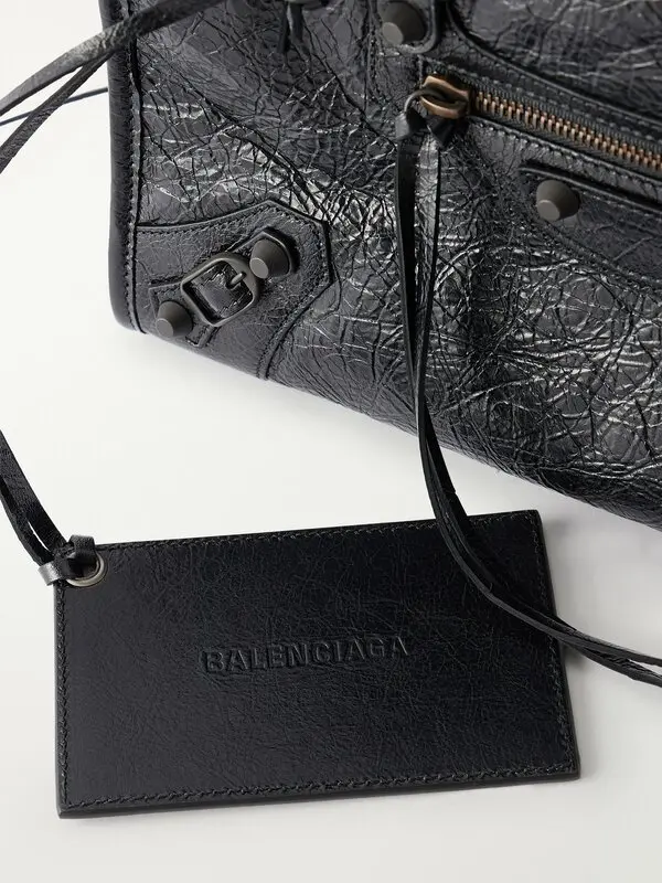Balenciaga Le City Small Embellished Crinkled-leather Shoulder Bag - Black
