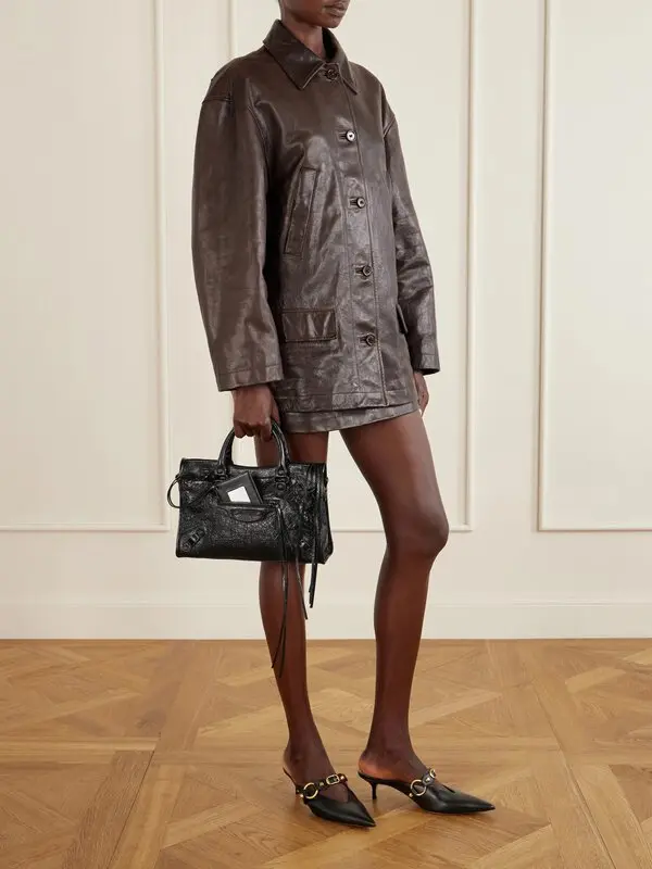 Balenciaga Le City Small Embellished Crinkled-leather Shoulder Bag - Black