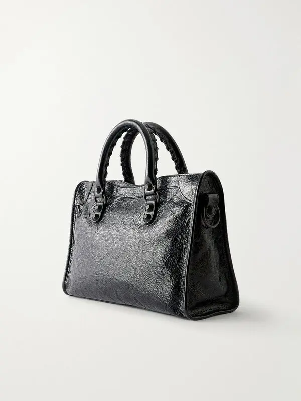 Balenciaga Le City Small Embellished Crinkled-leather Shoulder Bag - Black