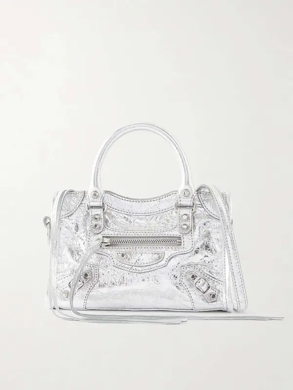 Balenciaga Le City Nano Embellished Crinkled-leather Shoulder Bag - Silver