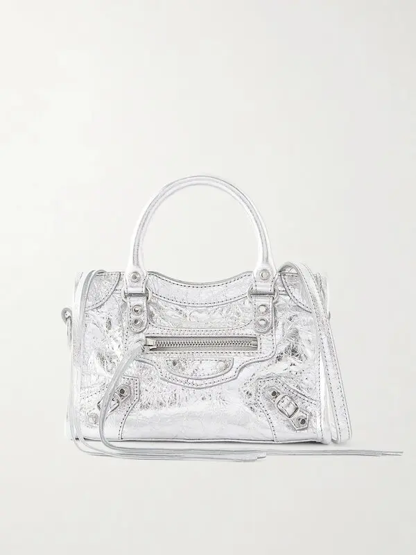 Balenciaga Le City Nano Embellished Crinkled-leather Shoulder Bag - Silver