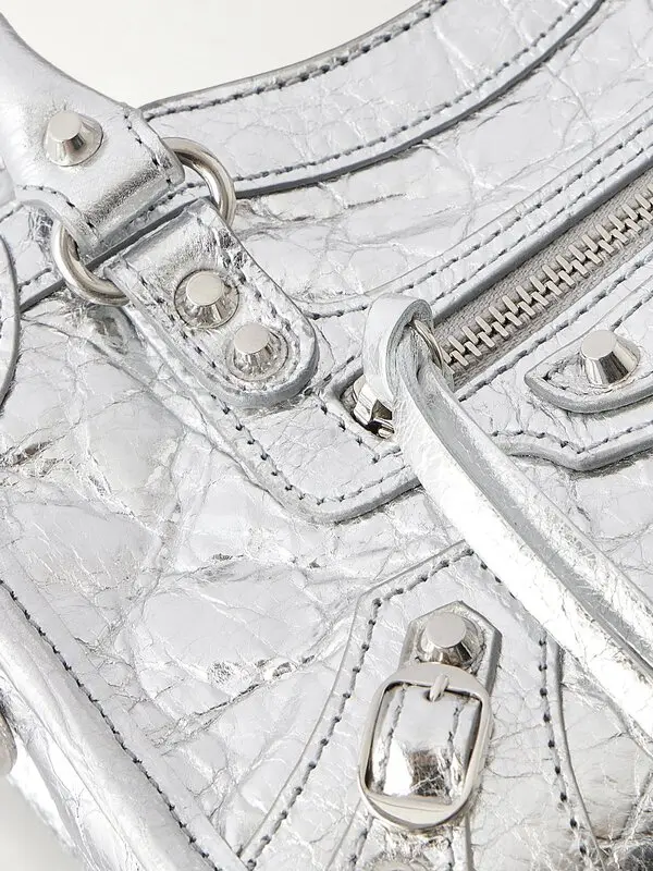 Balenciaga Le City Nano Embellished Crinkled-leather Shoulder Bag - Silver