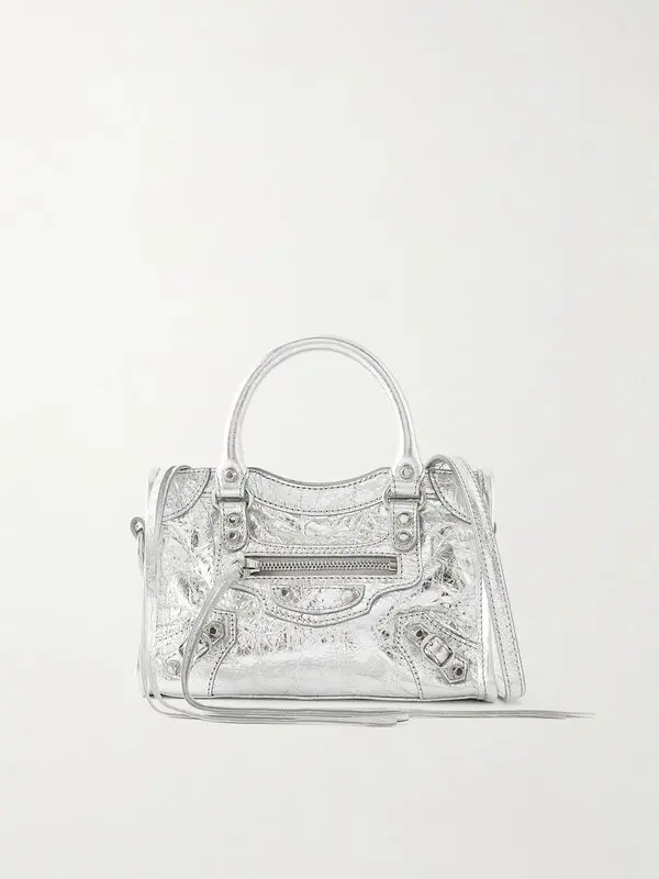 Balenciaga Le City Nano Embellished Crinkled-leather Shoulder Bag - Silver