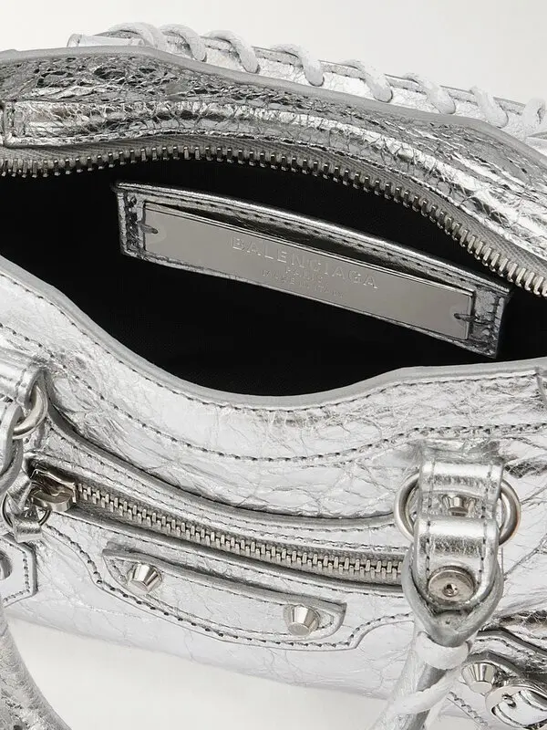 Balenciaga Le City Nano Embellished Crinkled-leather Shoulder Bag - Silver