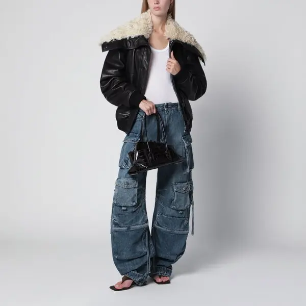 Attico Leather Bomber Jacket With Shearling Collar