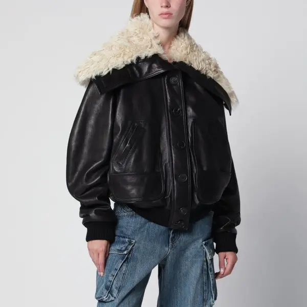Attico Leather Bomber Jacket With Shearling Collar - Black