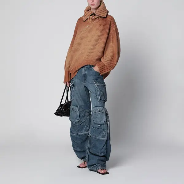 Attico Camel Wool And Cashmere Sweater With Asymmetric Zip