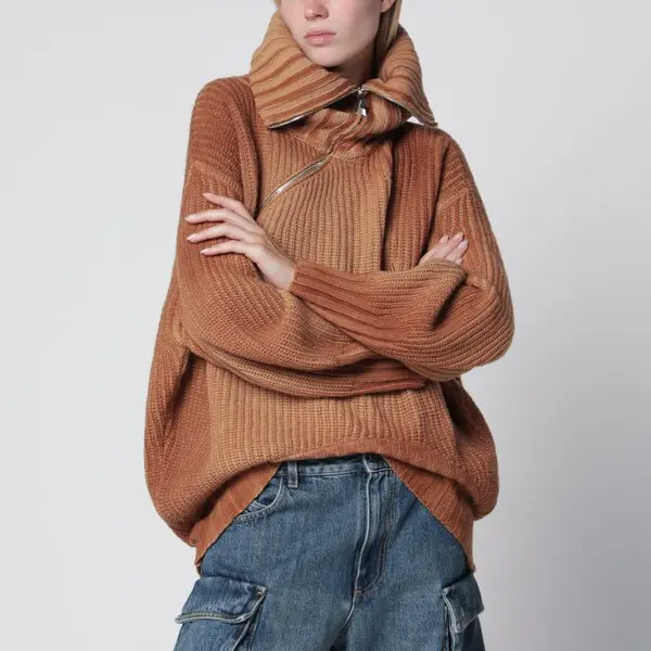 Attico Camel Wool And Cashmere Sweater With Asymmetric Zip Detail - Beige