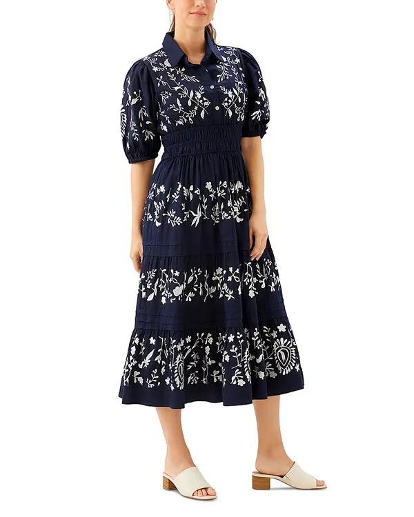 Karen Kane Puff Sleeve Embroidered Dress - Navy