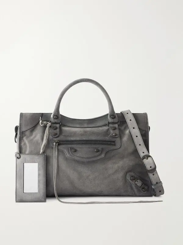 Balenciaga Le City Medium Embellished Suede Shoulder Bag - Gray