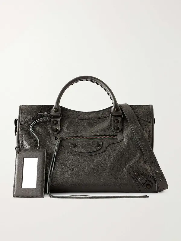 Balenciaga Le City Medium Embellished Crinkled-leather Shoulder Bag - Gray