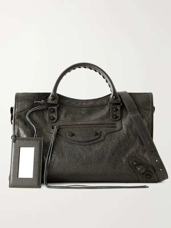 Balenciaga Le City Medium Embellished Crinkled-leather Shoulder Bag - Gray