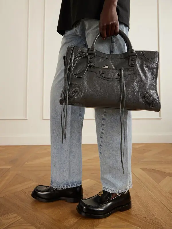 Balenciaga Le City Medium Embellished Crinkled-leather Shoulder Bag - Gray