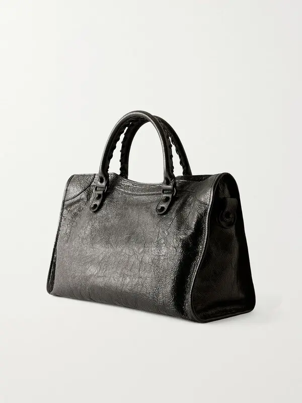 Balenciaga Le City Medium Embellished Crinkled-leather Shoulder Bag - Gray