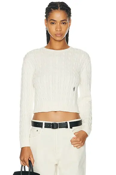 SPORTY & RICH Signature Logo Cable Knit Sweater - Ecru