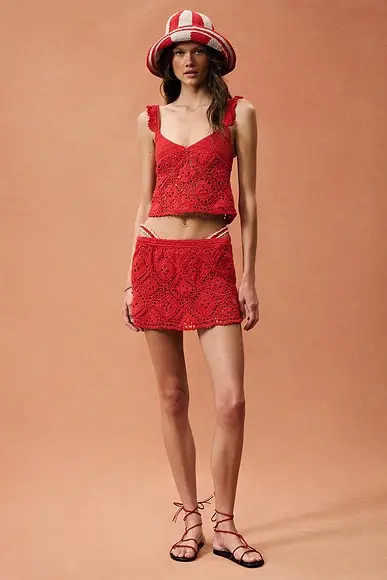 Akoia Swim Crochet Top And Mini Skirt Set - Red