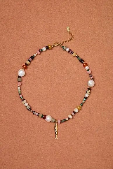 Éliou Bodie Beaded Necklace With Gold-tone Fish Pendant - Fawn