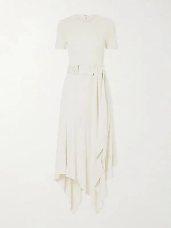 Alaïa Asymmetrical Belted Jersey Midi Dress - Neutrals