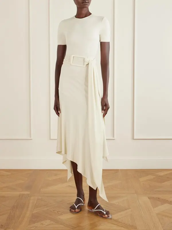 Alaïa Asymmetrical Belted Jersey Midi Dress - Neutrals