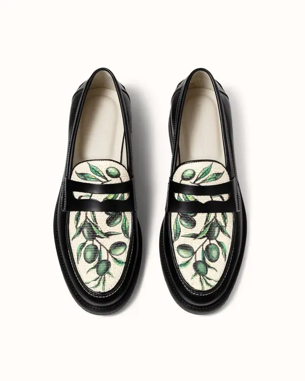 DUKE + DEXTER Raffia Penny Loafers With Branch Motif - Olive