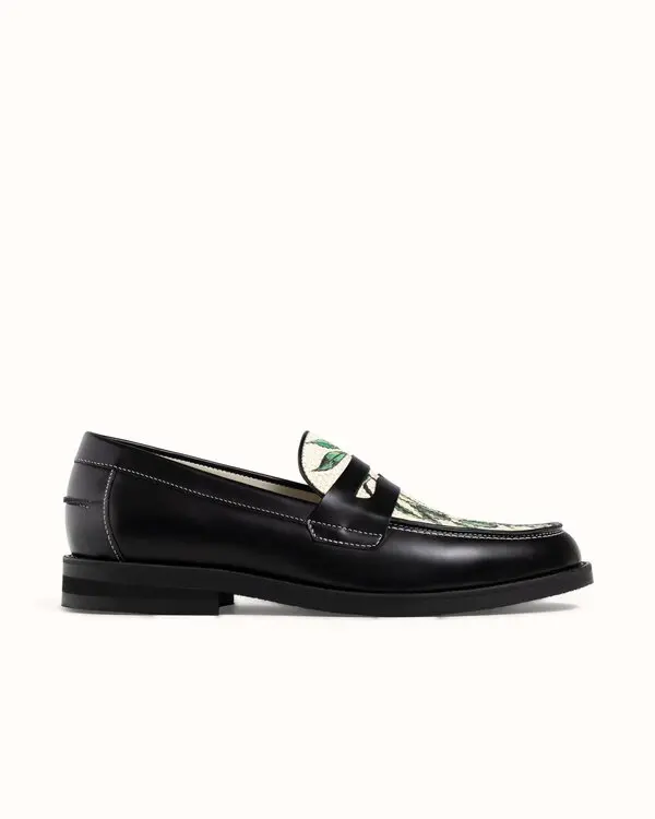 DUKE + DEXTER Raffia Penny Loafers With Branch Motif - Olive