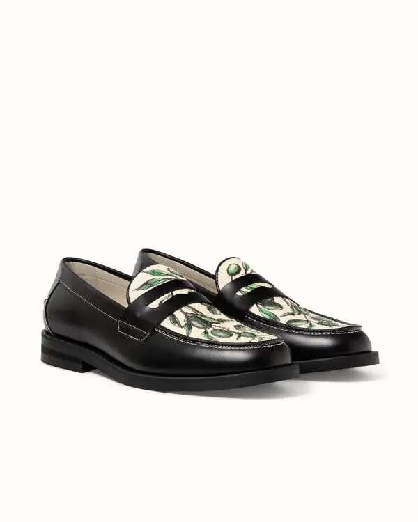 DUKE + DEXTER Raffia Penny Loafers With Branch Motif - Olive