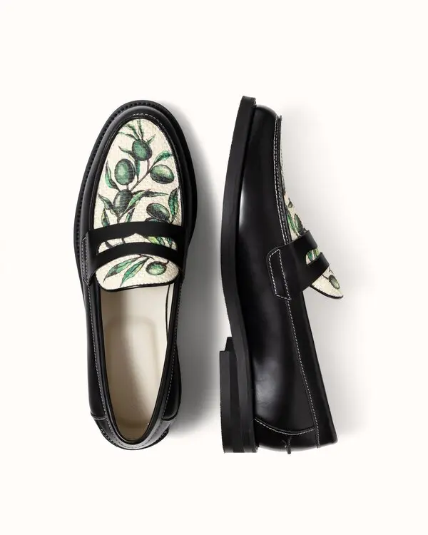 DUKE + DEXTER Raffia Penny Loafers With Branch Motif - Olive