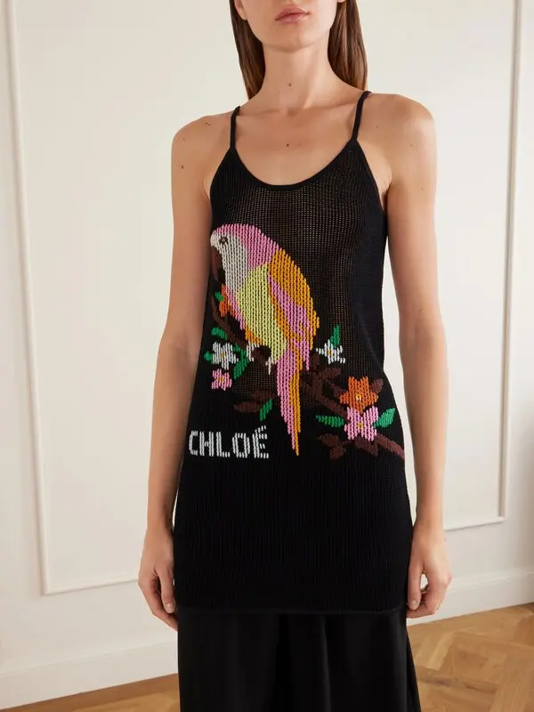 Chloé Embroidered Crocheted Cotton Mini Dress - Black