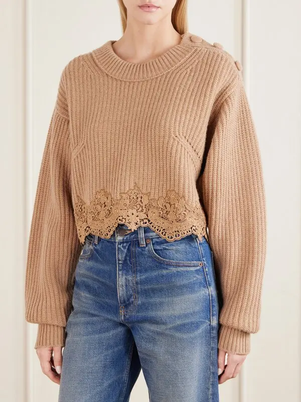 Chloé Lace-trimmed Wool And Cashmere-blend Cropped Sweater - Brown