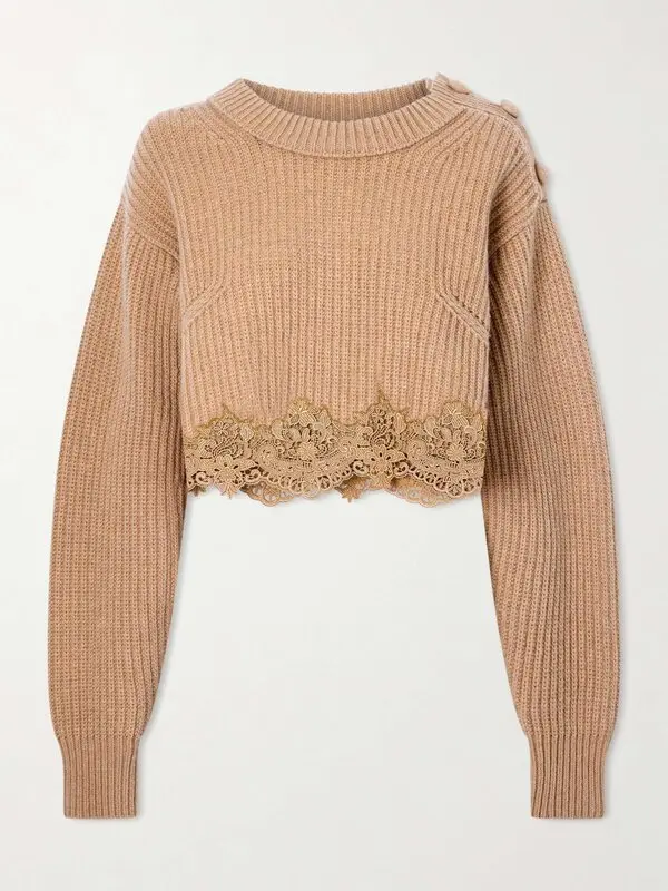Chloé Lace-trimmed Wool And Cashmere-blend Cropped Sweater - Brown