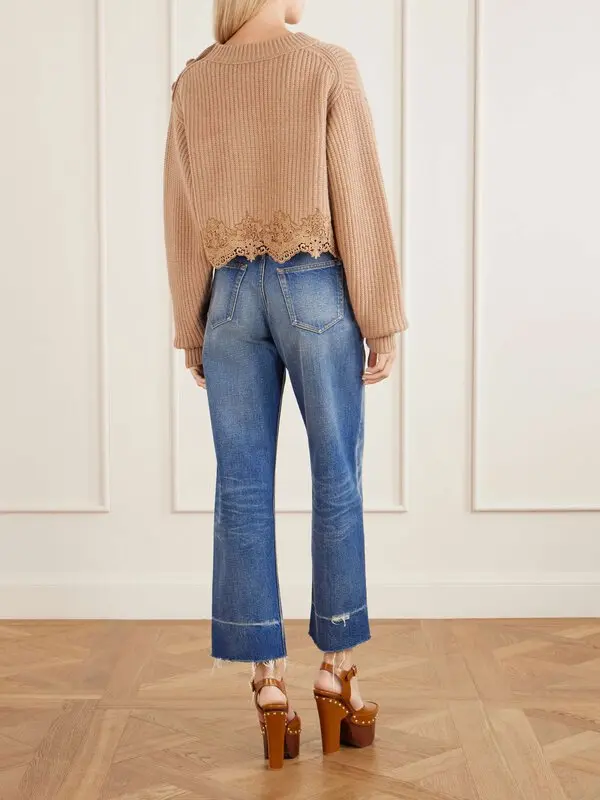 Chloé Lace-trimmed Wool And Cashmere-blend Cropped Sweater - Brown