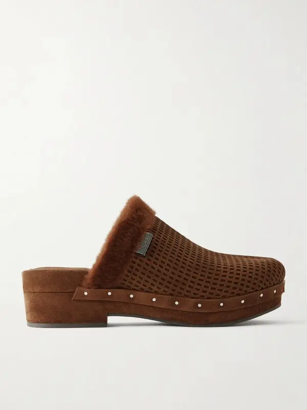 Brunello Cucinelli Bead-embellished Shearling-trimmed Suede Clogs - Brown