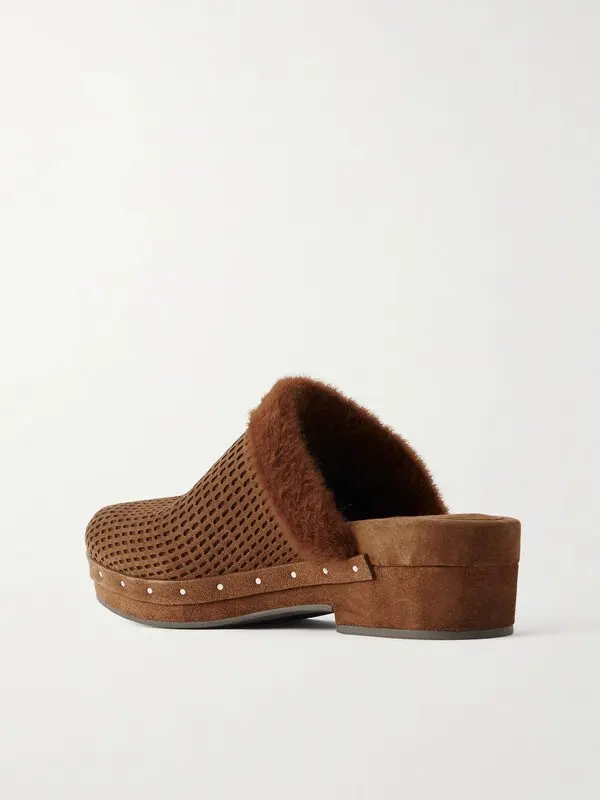 Brunello Cucinelli Bead-embellished Shearling-trimmed Suede Clogs