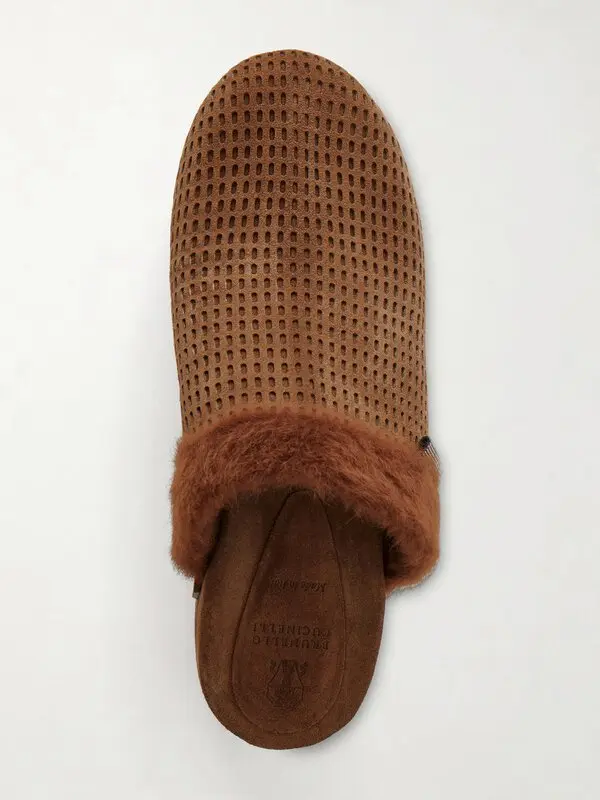 Brunello Cucinelli Bead-embellished Shearling-trimmed Suede Clogs