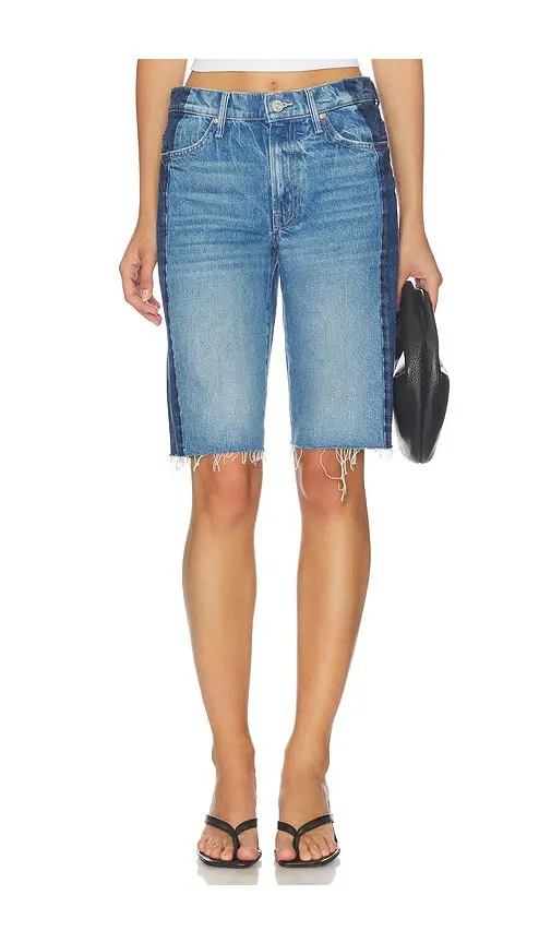 MOTHER The Mid Rise Maven Bermuda Fray Shorts In Blue - Double Stacked